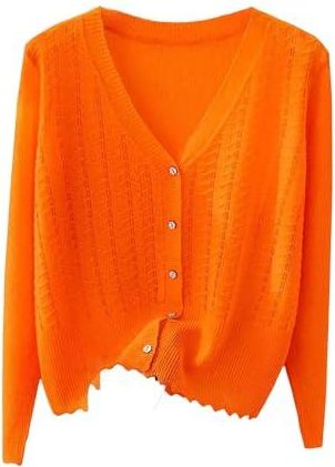 Generic Cardigan en soie pour femme - Chemisier dext&eacute;rieur ample - &Eacute;paules ajour&eacute;es - Petit ch&acirc;le - Haut en tricot, Orange, Taille XS