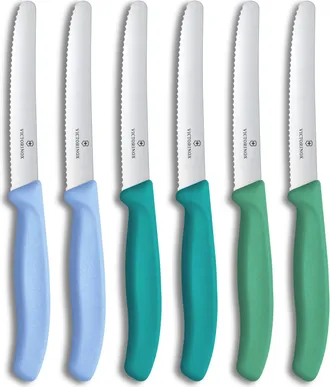 Victorinox by Swiss Army Swiss Classic, Fr&uuml;hst&uuml;cksmesser, Br&ouml;tchenmesser Set, 6teilig, Scharfe Klinge, Wellenschliff, 11cm, Rostfreier Stahl, Blau und Gr&uuml;n