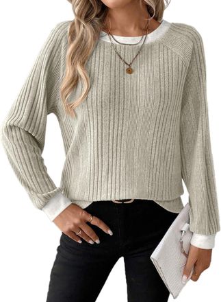 Dokotoo Pullover Damen Langarmshirt Rundhals Leichter Strickpullover Pulli Basic Locker Oberteil Herbst Geripptes Sweatshirt Tunika Tops, nebelgr&uuml;n, M