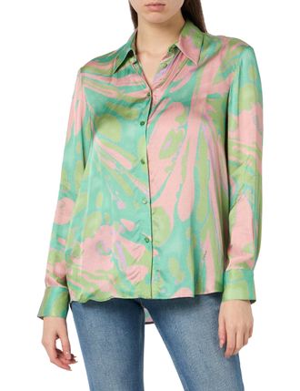 Pinko Damen D&auml;mpfendes Satinhemd mit Splash-Aufdruck Hemd, Sn2_Mult.Gr&uuml;n/Rosa, 46