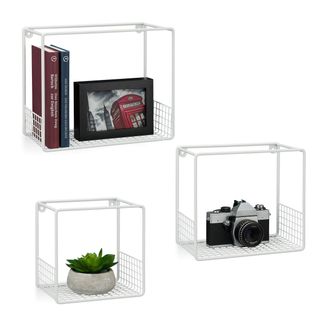 Relaxdays Wandregal im 3er Set, f&uuml;r Wohnzimmer, modernes Gitter-Design, Cube, eckiges Wandboard, Metall, 15cm tief, wei&szlig;
