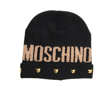 Moschino Femme, Accessoires, Noir, Taille: ONE Size Chapeau Logo Clouté Laine