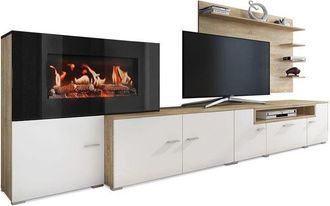 Skraut Home Skraut Home - Meuble de salon avec cheminée électrique à 5 niveaux de flamme, finition Blanc mat et chêne clair brossé, mesures : 290 x 170 x 45 cm