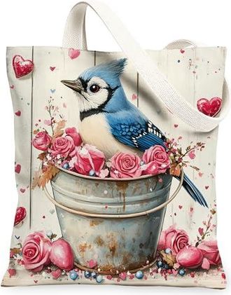 Generic Sac fourre-tout en toile motif geai bleu pour le shopping, 33 x 38 cm, sac &agrave; bandouli&egrave;re r&eacute;utilisable pour femme, peinture rustique, d&eacute;coration cadeau