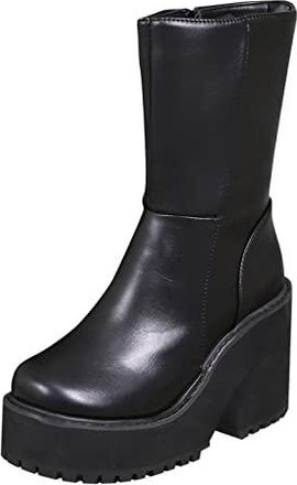 Generic Bottes &agrave; plateforme large pour femme - Semelle &eacute;paisse - &Agrave; enfiler - Bottes d&eacute;quitation tendance mi-mollet - Bottes en cuir &eacute;pais - Fermeture &eacute;clair l