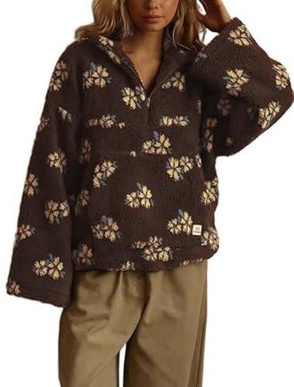 Generic Y2k Pull en polaire à col montant pour femme avec fermeture éclair Motif floral, marron, XXL