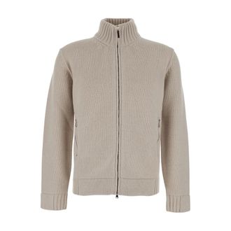 KANGRA wei&szlig;er Cardigan mit hohem Kragen und Rei&szlig;verschluss aus Merinowolle f&uuml;r Herren - - Knitwear - Herren - Beige - XL