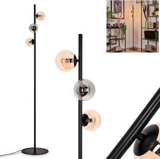 HOFSTEIN Stehleuchte Remaisnil, Stehlampe aus Metall/Glas in Schwarz/Bernstein/Rauch, Leuchte im Retro/Vintage-Design mit Schirmen aus Glas (Ø 10 cm) u. Fußsch