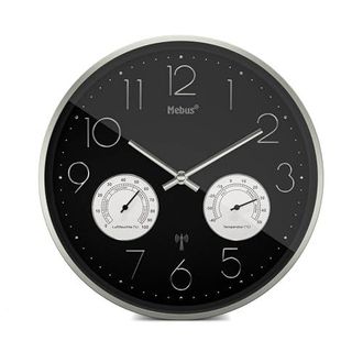 Mebus Horloge Murale Radio-pilot&eacute;e avec Thermo et hygrom&egrave;tre, silencieuse, Cadre argent&eacute;, Noir, mod&egrave;le 12988 - Fonctionnelle et &eacute;l&eacute;gante
