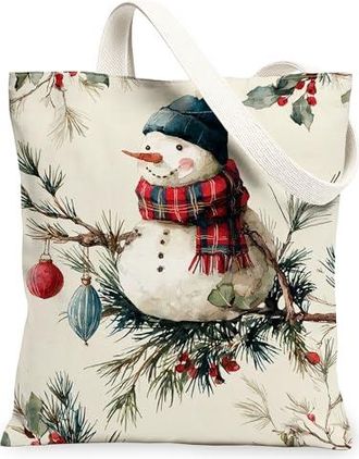Generic Sac fourre-tout en toile motif bonhomme de neige, motif vacances dhiver, sacs d&eacute;picerie l&eacute;gers, lavables, mignons festifs et respectueux de lenvironne