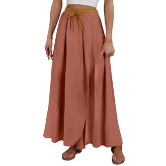 Generic Jupe trap&egrave;ze d&eacute;contract&eacute;e de couleur unie pour printemps et &eacute;t&eacute;, en coton et lin, jupe midi grande taille pour femme, sexy, rose, XXL