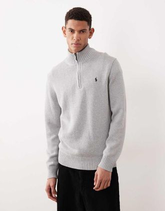 Polo Ralph Lauren Pull en maille de coton épaisse avec logo emblématique et demi-fermeture éclair - Gris