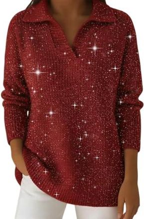 Generic Chandails scintillants pour femmes &agrave; paillettes rouges, chandails occasionnels &agrave; col ch&acirc;le, chandails chauds confortables &agrave; manches longues, coupe amp
