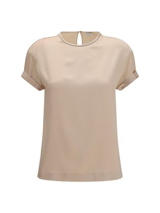 Brunello Cucinelli Silk With Monili Chain Embroidery Blouse - Beige