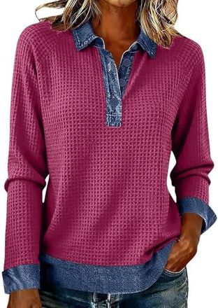 Generic Sweatshirts en denim patchwork pour femme - Col &agrave; revers - Sweat boutonn&eacute; - Chemise en jean - Tricot gaufr&eacute; - Pull &agrave; manches longues - Polo &agrave; manches 