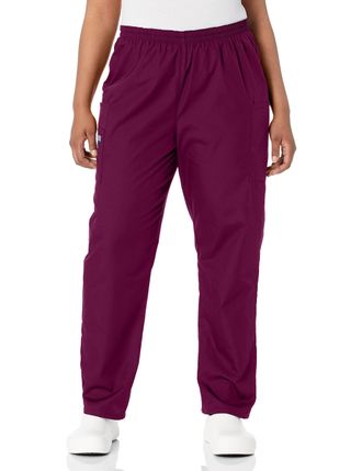 Cherokee Womens Workwear Elastic Waist Cargo Scrubs Pant, Wine, X-Small Petite