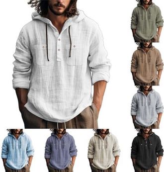 Generic Chemise en lin pour homme - Coton et lin - Sweat &agrave; capuche - Manches longues - Fine - Couleur unie - Chemise d&eacute;t&eacute; tendance d&eacute;contract&eacute;e - Chemise &agrave; ca