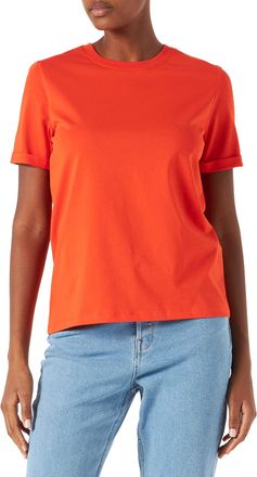 Pieces Damen Pcria Ss Fold Up Solid Tee Noos Bc T-Shirt, Tangerine Tango, XS