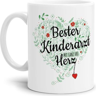 Tassendruck Berufe Tasse - Bester Kinderarzt mit ganz viel Herz - Geschenk für den besten Kinderarzt, als Dankeschön - Hochwertige Keramik, Weiß matt, 300 ml