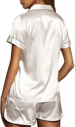 Generic Ensemble de pyjama cardigan &agrave; manches courtes en soie glac&eacute;e imprim&eacute;e de couleur unie pour femme 2026, blanc, XL