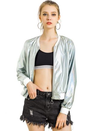 Allegra K St. Patricks Day Bomberjacke f&uuml;r Damen, funkelnd, holografisch, leicht, 90er Jahre, gl&auml;nzend, metallisch, Helles Silber, XL