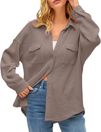 Generic Vestes pour femmes 2026 en velours c&ocirc;tel&eacute;, chemisiers boutonn&eacute;s, manches longues, hauts &agrave; manches longues, kaki, XXL