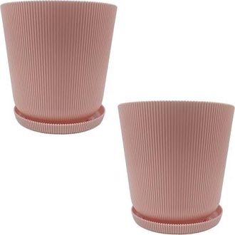 Relaxdays Blumentopf, 2er Set, Pflanztopf mit Untersetzer, Rillen, H x D: 20 x 20 cm, Kräutertopf, Kunststoff, Altrosa