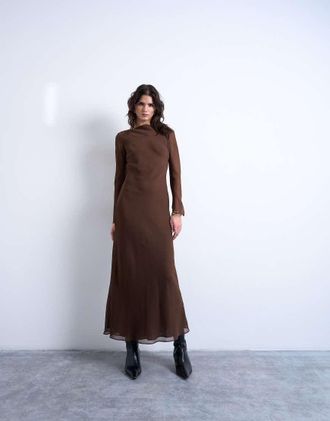 Topshop Chiffon-Maxikleid in Schokobraun mit U-Boot-Ausschnitt-Brown