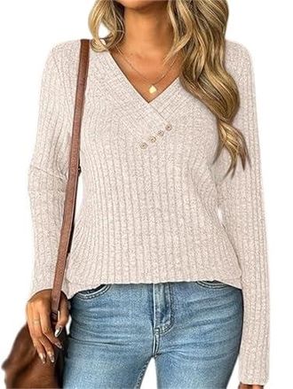 Generic Pull &agrave; col en V pour femme Printemps Automne Pull D&eacute;contract&eacute; Ample Boutons Corset Top Mode Business Work Shirts Sweatshirt, abricot, XXL