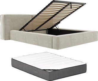 Pascal Morabito Bett mit Bettkasten + Matratze - Boucl&eacute;-Stoff - 160 x 200 cm - Beige - TIMANO