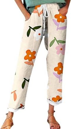 Generic Pantalon Femme Large Fluide Blanc Lin &Eacute;t&eacute; Womens Autumn Fragrant Linen Print Casual Pants Perfect for Spring Comfortable and Trendy for Relaxed Days a