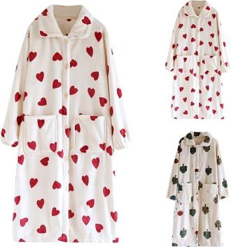 Generic Robe de chambre boutonn&eacute;e en polaire corail pour femme - Joli peignoir imprim&eacute; de dessin anim&eacute; avec coeur et arbres - Joli peignoir &agrave; revers en polair