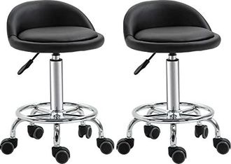 HOMCOM Lot de 2 Tabouret &agrave; Roulette Tabouret de Travail pivotant 360&deg; - Assise r&eacute;glable 47-62H cm, Dossier Ergonomique - Acier chrom&eacute; rev&ecirc;tement synth&eacute;tique 