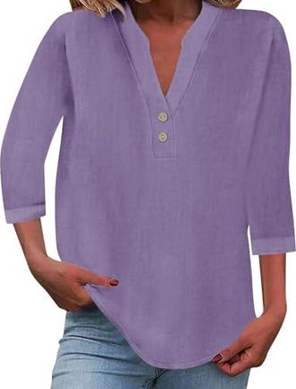 Generic Haut Henley &agrave; manches 3/4 et col en V avec ourlet incurv&eacute; pour femme, coupe d&eacute;contract&eacute;e, pour leggings, voyage, travail | Chemisier long doux et exte