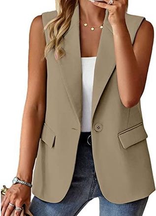 Generic Gilet de costume noir pour femme, grande taille, gilet basique sans manches, coupe ample, col en V, poches, blazers, vestes de costume solides, bouton