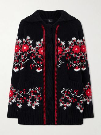 Moncler Cardigan Oversize En Laine M&eacute;lang&eacute;e &Agrave; Broderies - Noir