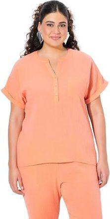 Ulla Popken Femme Grandes Tailles Blouse Oversize en Mousseline, col Tunisien et Manches Courtes Corail 62+ 827543505-62+