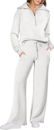 Generic Ensemble de vêtements de sport 2 pièces pour femme avec sweat-shirt et pantalon de jogging, blanc, XL