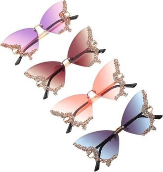 IFUNDOM Lot de 4 Lunettes de Soleil R&eacute;tro sans Monture Orn&eacute;es de Cristaux Protection UV L&eacute;g&egrave;res et Confortables Couleurs Rose Bleu Gris Caf&eacute; et Violet pour F&ecirc;