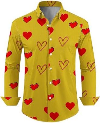 Generic Chemise d&eacute;contract&eacute;e de Saint-Valentin pour homme, coupe ample, manches longues, chemise d&eacute;contract&eacute;e pour la maison, lint&eacute;rieur et lext&eacute;rieur, jaune,
