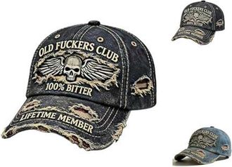 Generic Old Fuckers Club Casquette de baseball vintage vieilli - Chapeau de papa en denim d&eacute;lav&eacute; avec cr&acirc;ne, boucle r&eacute;glable, style brod&eacute;, Cowboy Noir, Taille