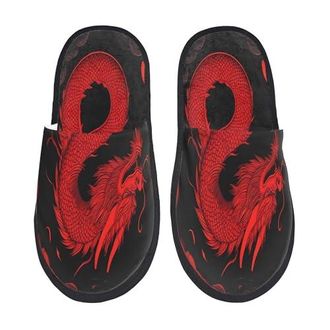 Generic Pantoufles DH&ocirc;tel Dragon Rouge Sur Fond Noir Chaud Fourrure Pantoufles Antid&eacute;rapant Maison Slippers Pour Camping Invit&eacute; Int&eacute;rieur L