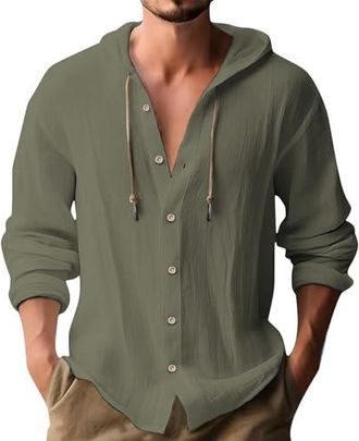 Generic Chemise en lin pour homme - Coton et lin - Sweat &agrave; capuche - Manches longues - Chemise d&eacute;t&eacute; &agrave; manches longues avec capuche - Boutonni&egrave;re - Couleur uni