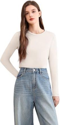 Power Flower sous-vêtement Thermique léger pour Femme - Haut à Manches Longues et col Rond en Tissu Soyeux (S-M, LY140-Khaki)