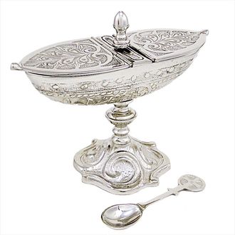 NKlaus Weihrauchschiffchen mit Klappdeckel und Löffel Massiv Messing Vernickelt 2946