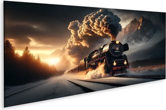 Islandburner Bild auf Leinwand Dampflok im Sonnenuntergang mit schneebedeckten Bergen Bilder Wandbilder Poster