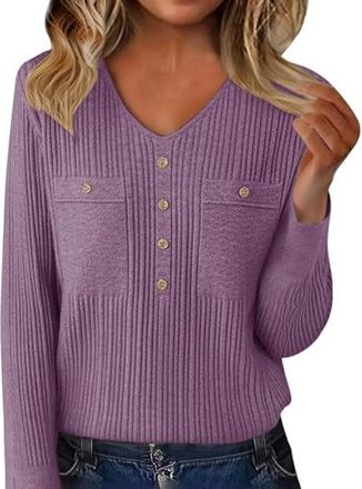 Generic Pull pour femme - Col en V - Fente sur le devant - Bouton - Coupe ajust&eacute;e - Haut en tricot &agrave; manches longues - Doux et confortable - &Eacute;l&eacute;gant chemisier