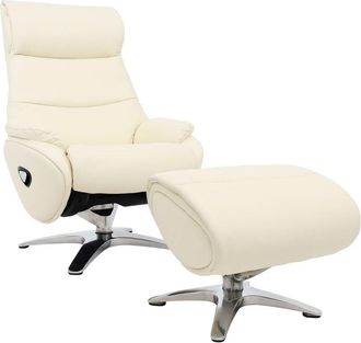 Hhg Relaxsessel mit Hocker HHG 334, Fernsehsessel Sessel, Liegefunktion drehbar, Metall Echtleder/Kunstleder creme-wei&szlig;