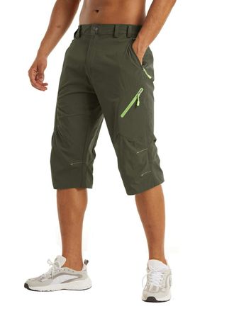 KEFITEVD Herren 3/4 Radhose MTB Hose mit Zip-Taschen Stretchbund Caprihose Outdoor Trekkinghose Schnelltrocknend Wandern Trekking Shorts M&auml;nner Dunkeloliv 38