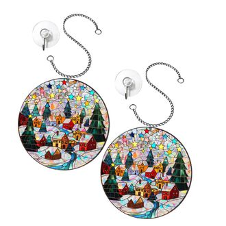 Cabilock 2s&auml;tze Gebeizter Sonnenf&auml;nger Aus Acryl Runde Fensterdekoration F&uuml;r Weihnachten Schneehaus-Motiv Bunte H&auml;ngende Ornament-Sets Zum Aufh&auml;ngen Acryl-weih